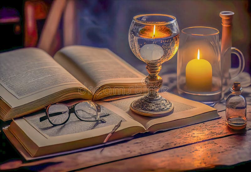 Open Book Next To a Glass of Water, Glasses in the Light of the Candle ...