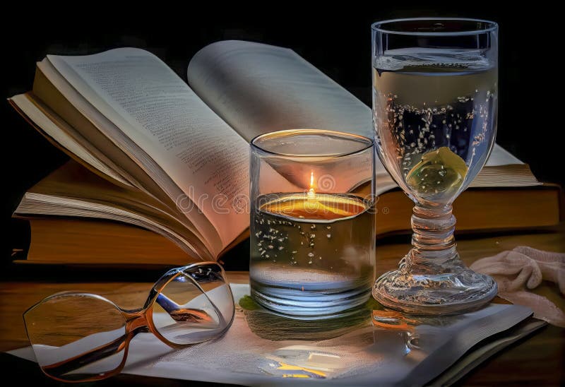 Open Book Next To a Glass of Water, Glasses in the Light of the Candle ...