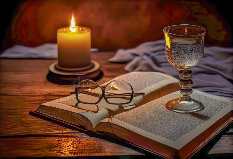 Open Book Next To a Glass of Water, Glasses in the Light of the Candle ...