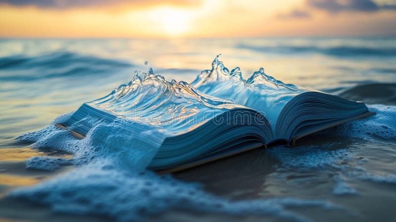 Open Book with Ocean Waves on a Beach at Sunset, Creative Imagination ...
