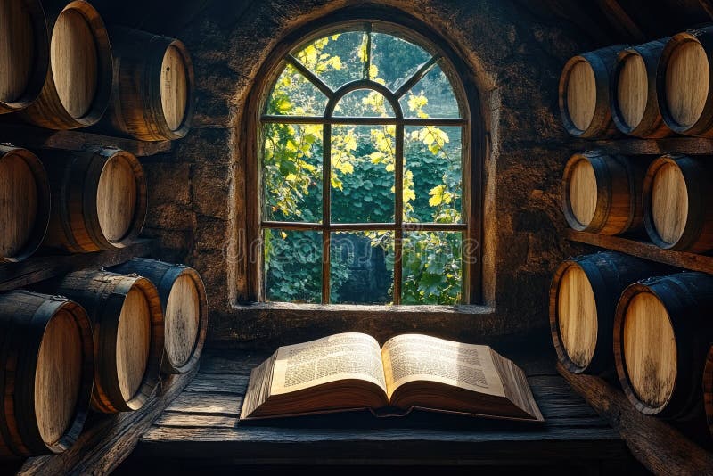 Open Book in an Old Cellar with Wine Barrels Near a Window Showing a ...