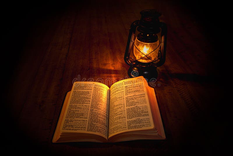 Open Book and an Old Lamp on a Table Stock Photo - Image of table ...