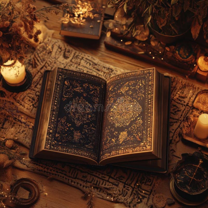 Open Book with Ornate Gold Design and Glimmering Lights Stock ...