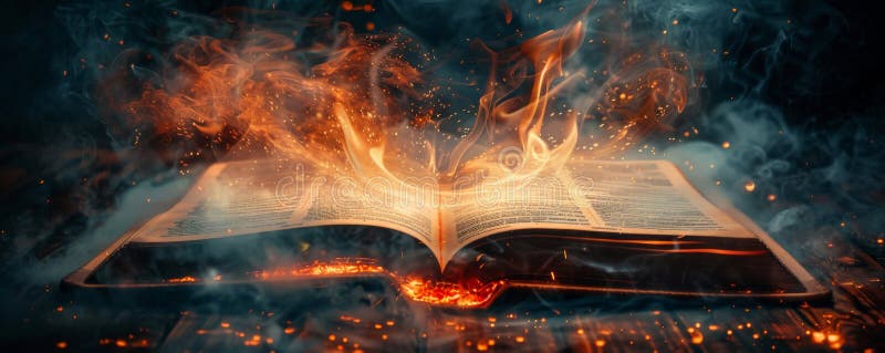 An Open Book with Pages on Fire, Embers Glowing Brightly, and Thick ...