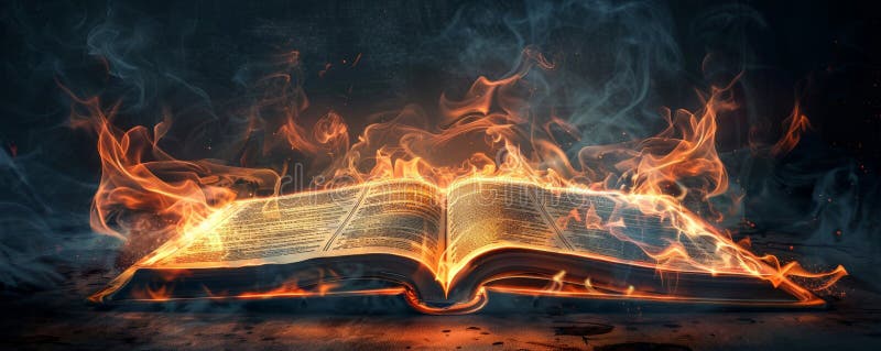 An Open Book with Pages on Fire, Embers Glowing Brightly, and Thick ...