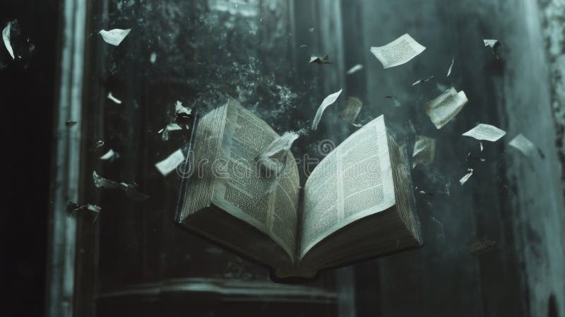 Open Book with Pages Flying Away in a Dusty, Ethereal Setting Stock ...