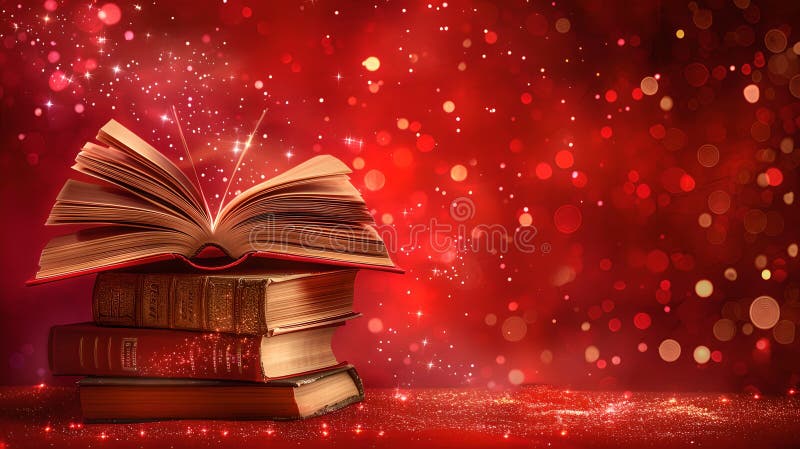 Opened Book on Stack of Books Against a Magical Red Backdrop ...