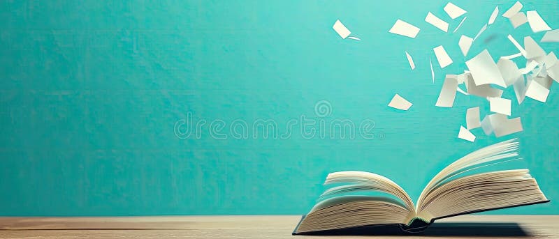 Open Book with Pages Flying Up on Teal Background Stock Illustration ...