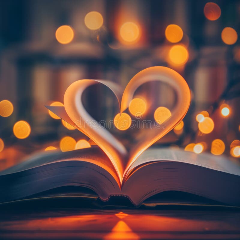 An Open Book with Pages Forming the Shape of Heart, with Blurred Lights ...