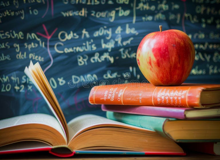 Open Book with Math Equations on Chalkboard and Apple on Stacked Books ...