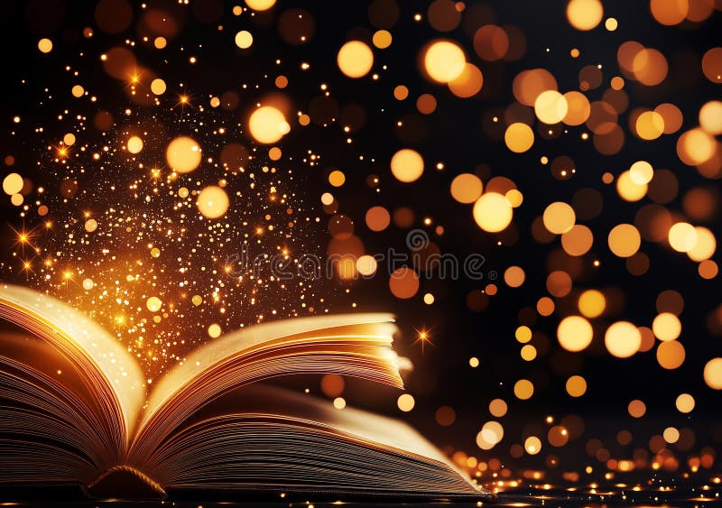 Open Book with Pages Turning, Surrounded by Glowing Golden Bokeh Lights ...