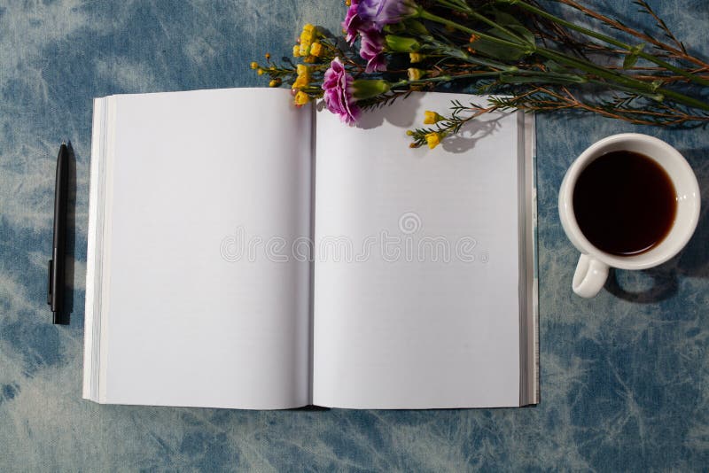 Open Book and Pen on the Blue Cloth Stock Photo - Image of blank ...