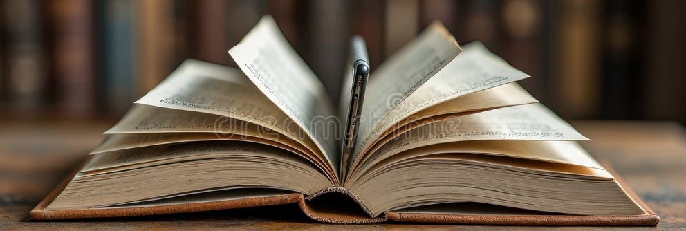 Open Book with Pen in Library Setting Stock Image - Image of classroom ...