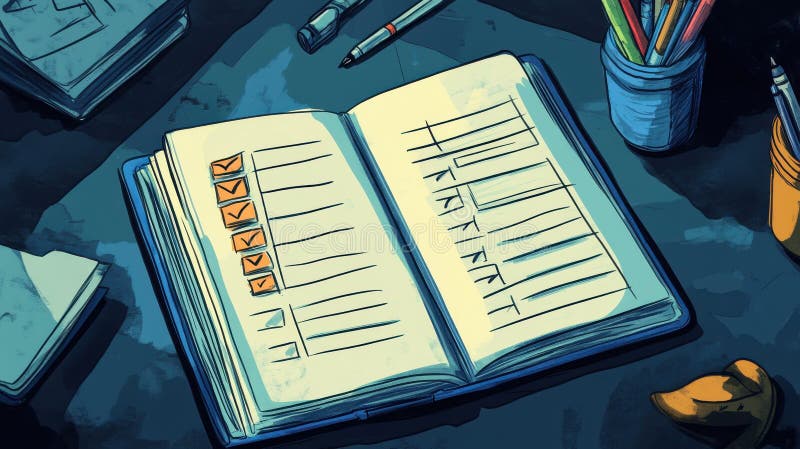 Open Book with a Pen and Multiple Colored Pencils Arranged on Top Stock ...