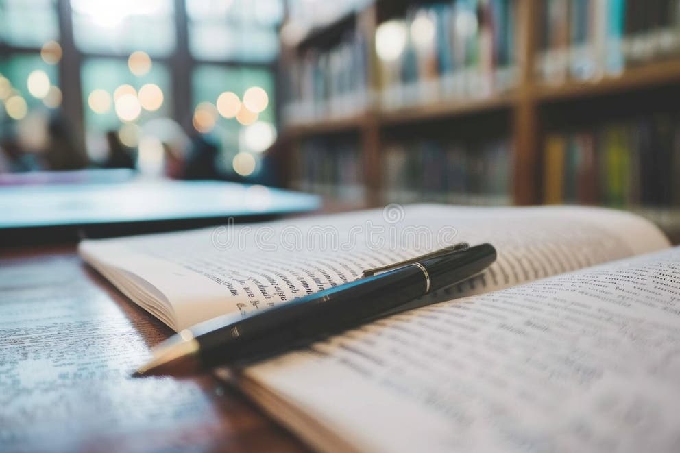 An Open Book with a Pen Resting on Its Cover Stock Image - Image of ...
