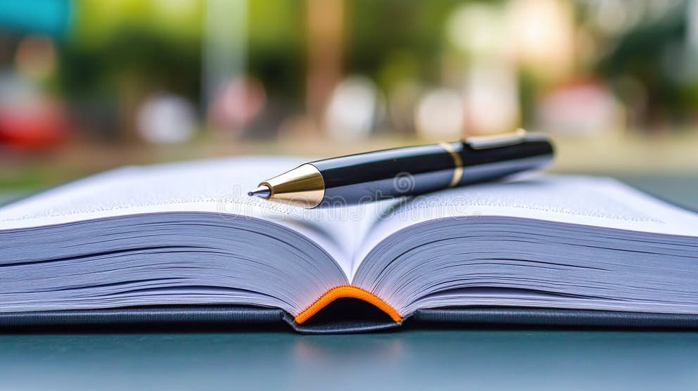 Open Book with Pen on a Table Outdoors Stock Photo - Image of knowledge ...
