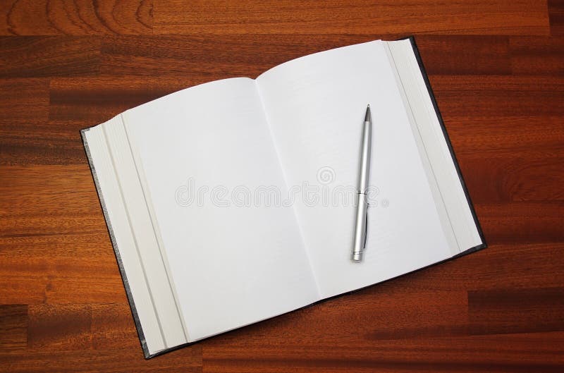 Open Book and Pen on a Wooden Background Table Stock Photo - Image of ...