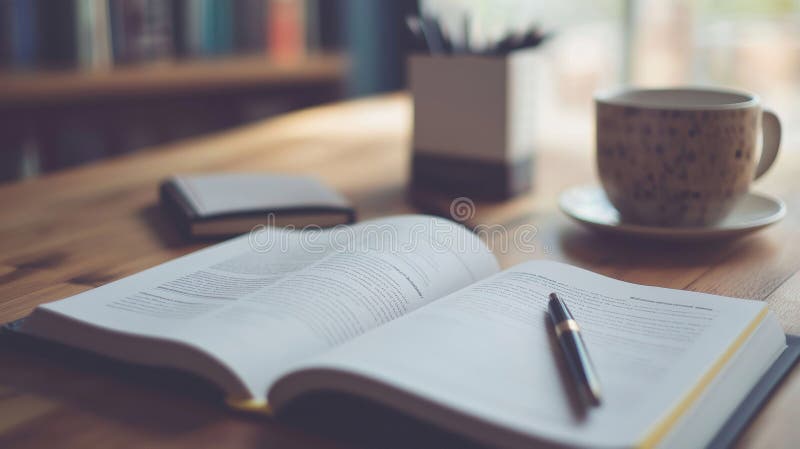 Open Book with Pen on Wooden Desk, beside a Coffee Cup, in a Cozy Study Environment, Reading ...