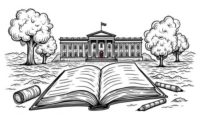 An Open Book, Pencils, and a Stately Building Create an Academic Scene ...
