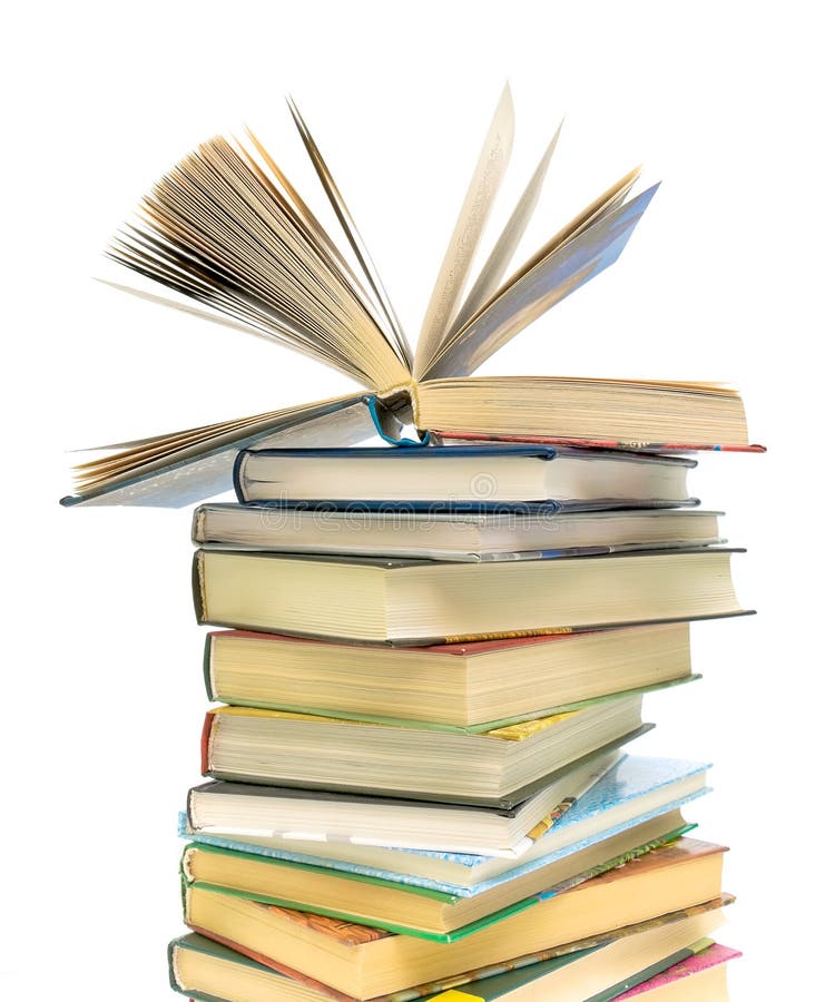 Open Book on a Pile of Books on a White Background Stock Image - Image ...