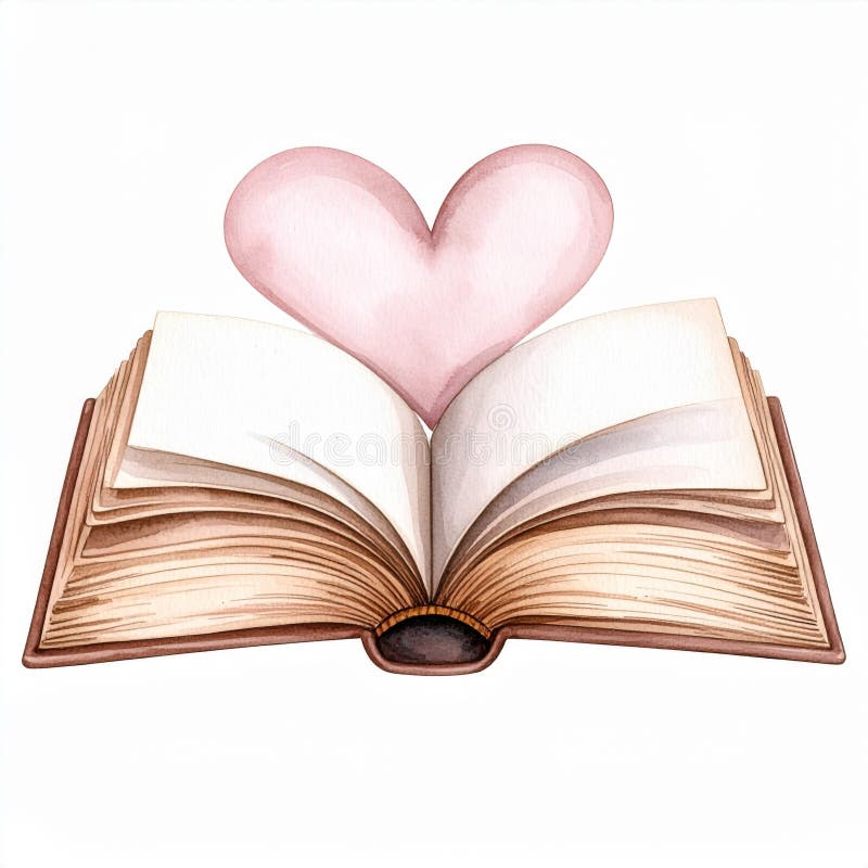 Open Book with Pink Heart Watercolor Illustration Stock Illustration ...