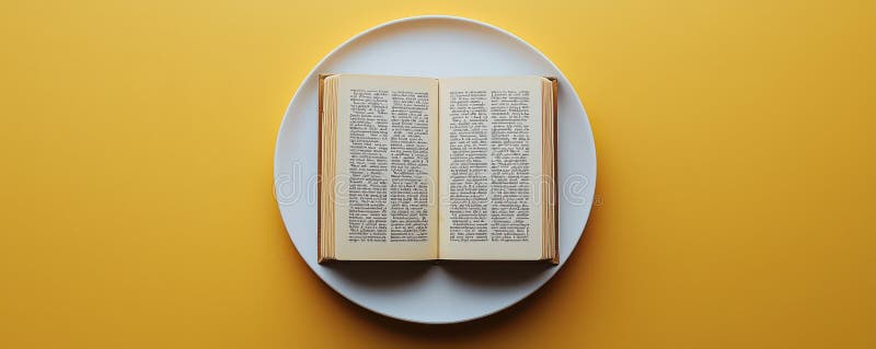 Open Book Placed on a White Plate Against a Bright Yellow Background ...