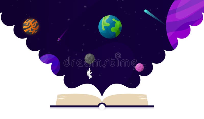 Open Book with Planets and Space. Imaginative Concept Stock Vector ...