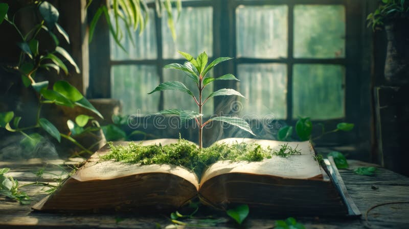 An Open Book with a Plant Growing Out of it in the Middle of a Forest ...