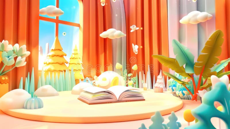 Open Book on a Platform with Colorful 3D Rendered Elements Stock ...