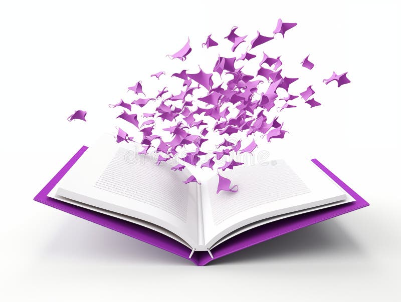 Open Book with Purple Butterflies Flying Out of Pages on White ...