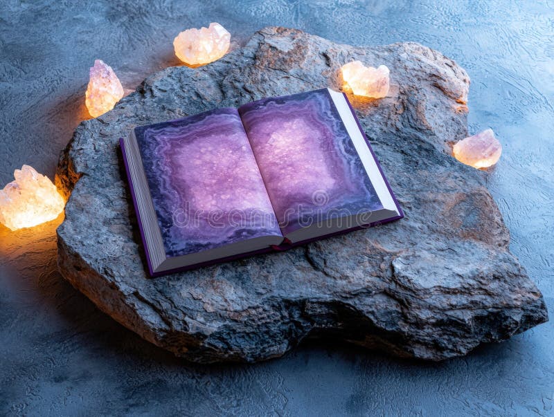 Open Book with Purple Pages Resting on a Rock. Stock Illustration ...