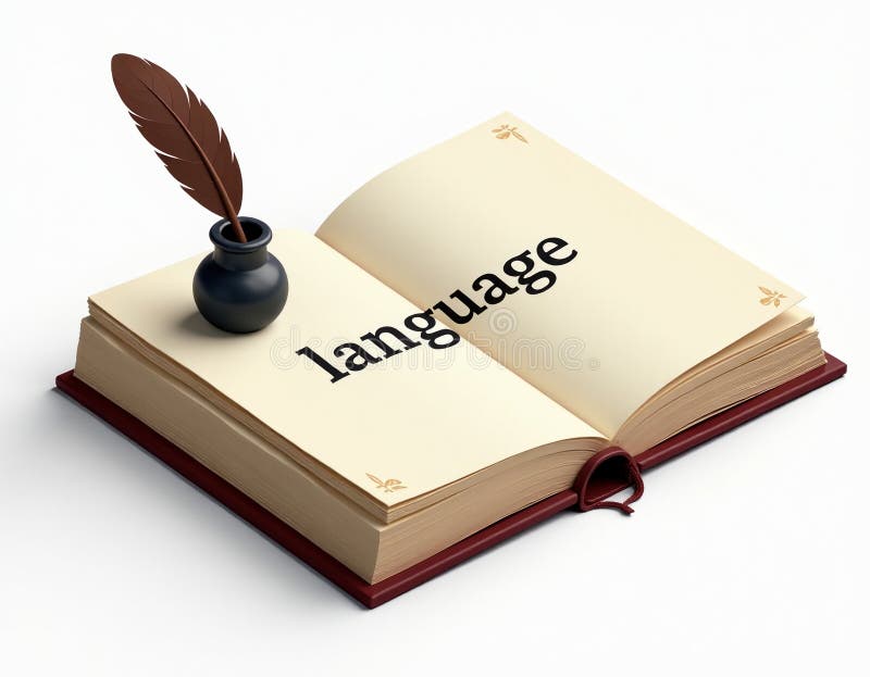 Open Book with Quill Pen and Inkwell, Showing the Word "Language" Stock ...