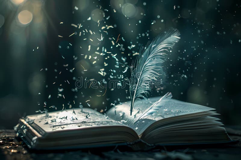 An Open Book with Quill Pen Writing, Feathers Falling from the Sky, in ...