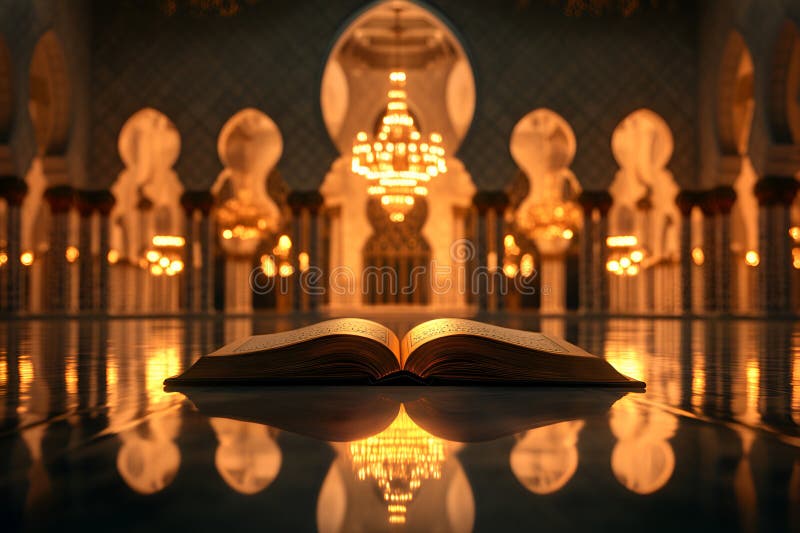 Open Book Quran in Exquisite Mosque Interior with Warm Golden Lighting ...