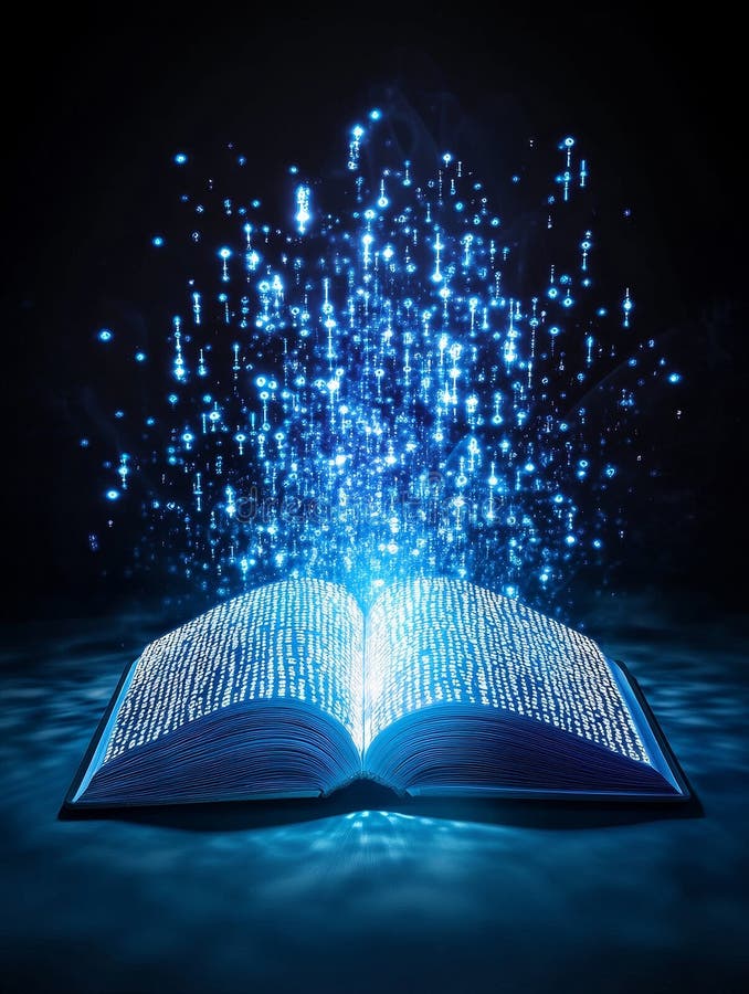 Glowing Book of Knowledge an Open Book Radiates Blue Light with Digital ...