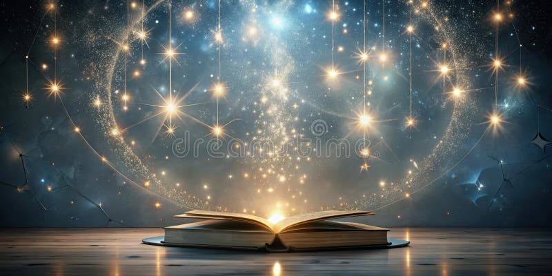 An Open Book Radiating Celestial Light and Magic, Suspended Stars in a ...