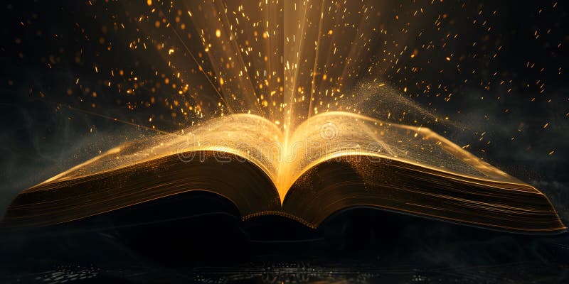 Open Book with Rays Emanating from Center of Book in Rich Black and ...