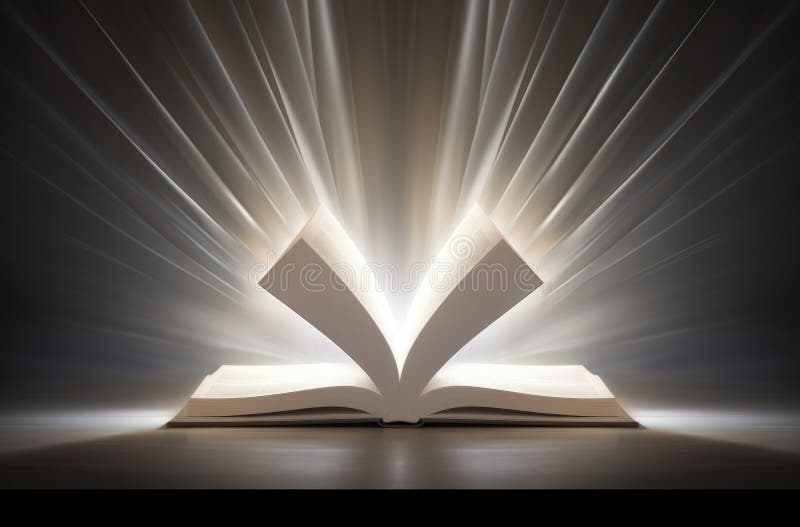 Open Book with Rays of Light Coming Out of Pages on a Dark Background ...
