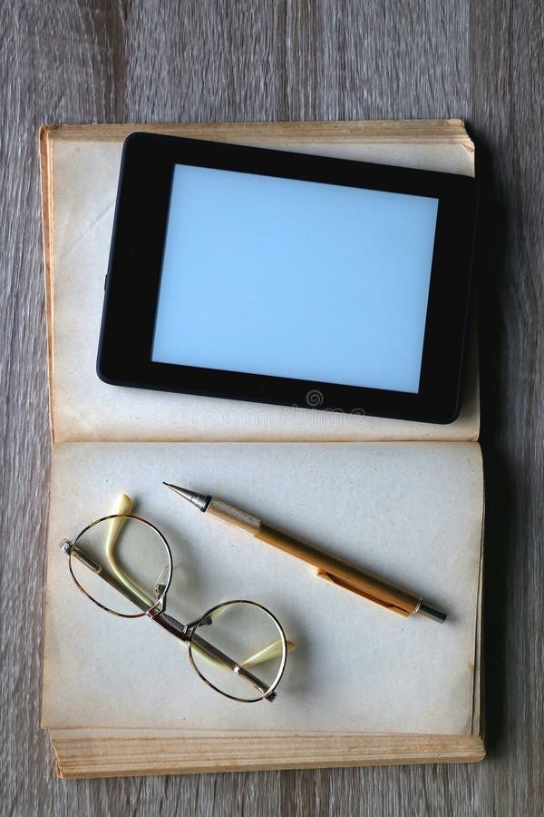 Open Book, Reading Glasses, Mechanical Pencil and E-Reader Stock Image ...