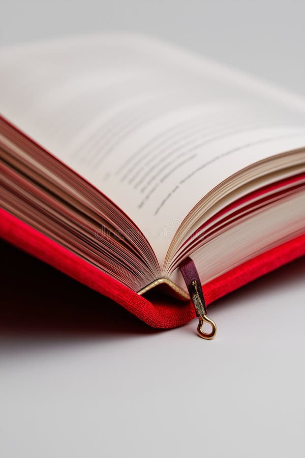 Open Book with Red Cover and Bookmark Lying on a White Surface. Stock ...