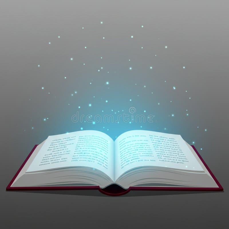 An Open Book with a Red Cover Rests on a Surface, Surrounded by Glowing ...