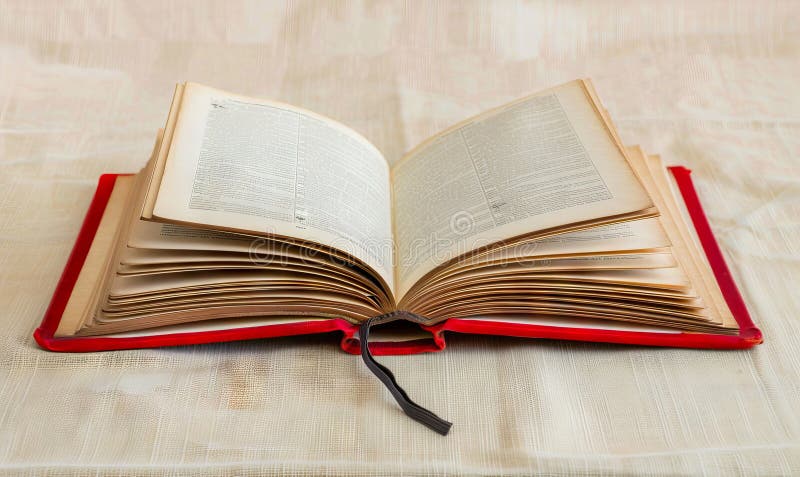 An Open Book with a Red Cover on a White Table Stock Image - Image of ...