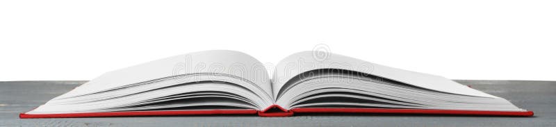 Open Book with Red Cover on Wooden Table Against White Background Stock ...