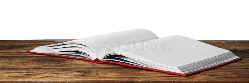 Open Book with Red Cover on Wooden Table Against White Background Stock ...