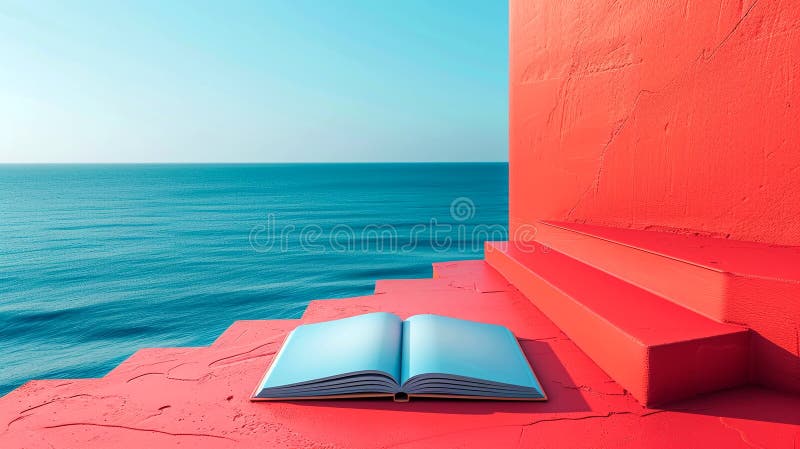 Open Book on Red Steps with Ocean View on Sunny Day Stock Illustration ...