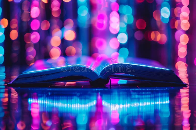 Open Book Reflecting Neon Lights on Table Stock Image - Image of ...