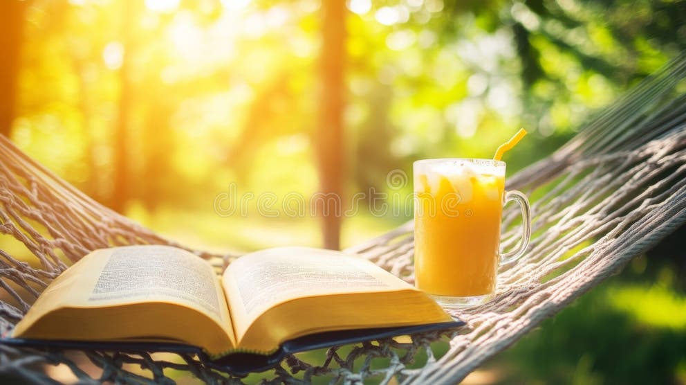 Open Book and Refreshing Drink in a Hammock on a Sunny Day Stock ...