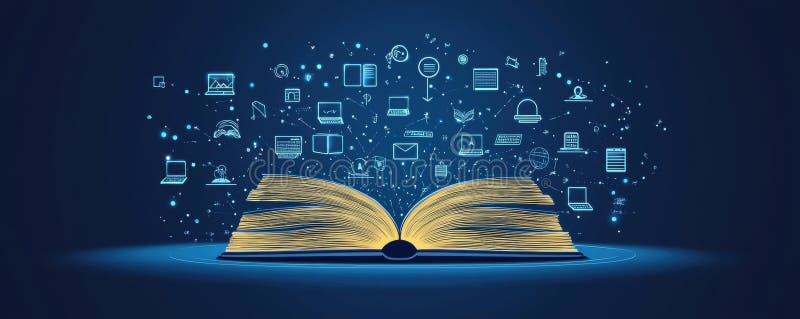 Open Book Representing Knowledge and Technology with Digital Icons on ...