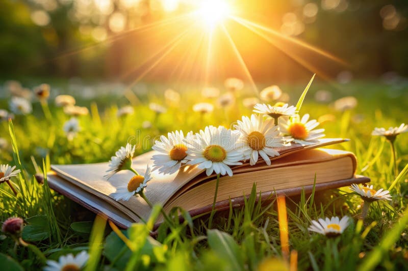 Open Book Resting in a Field of Daisies Bathed in Golden Sunlight, a ...