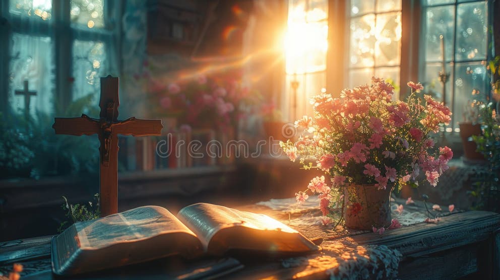 Open Book and Cross on Table Stock Photo - Image of devout, sacred ...